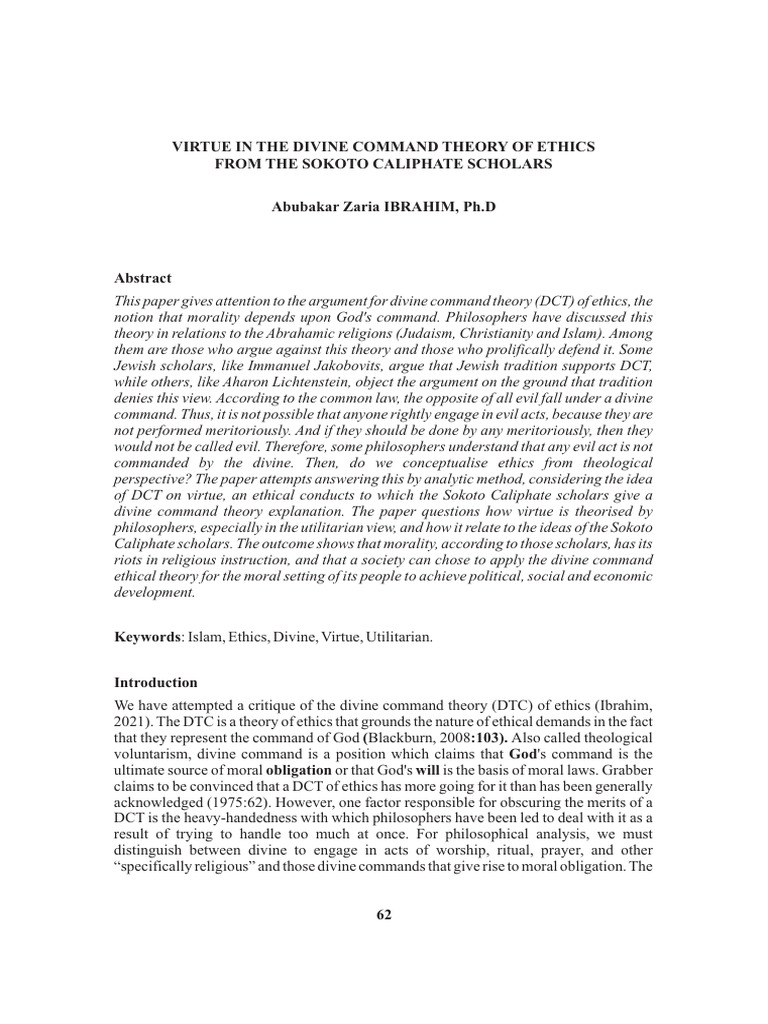 Virtue in The Divine Command Theory of Ethics From The Sokoto Caliphate Scholars | PDF