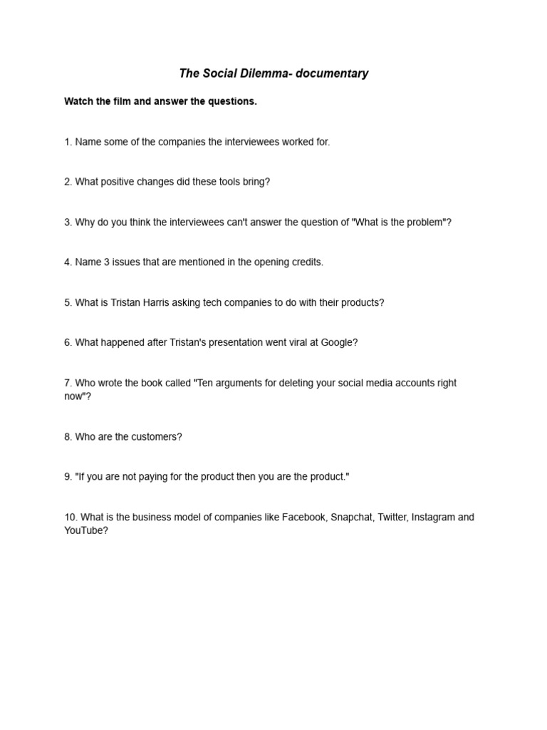 The Social Dilemma - Documentary-Worksheet | PDF
