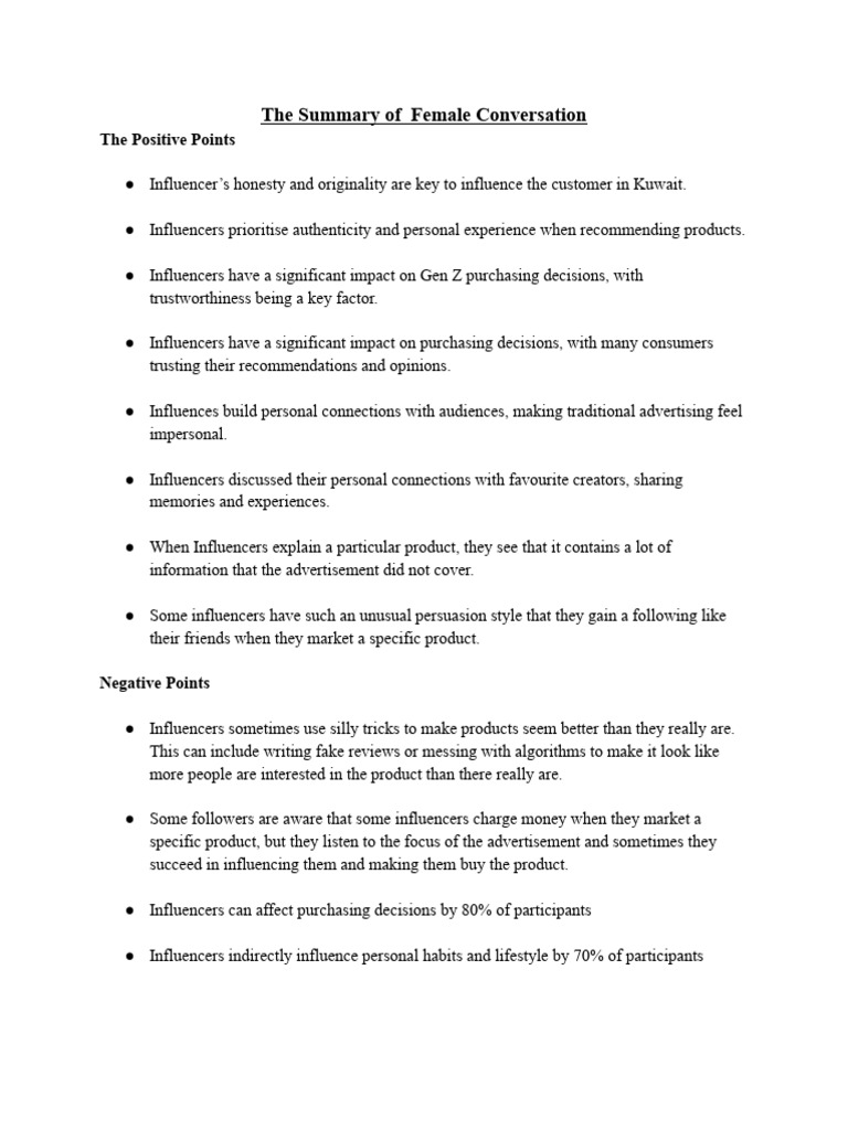 The Summary of Female Conversation | PDF