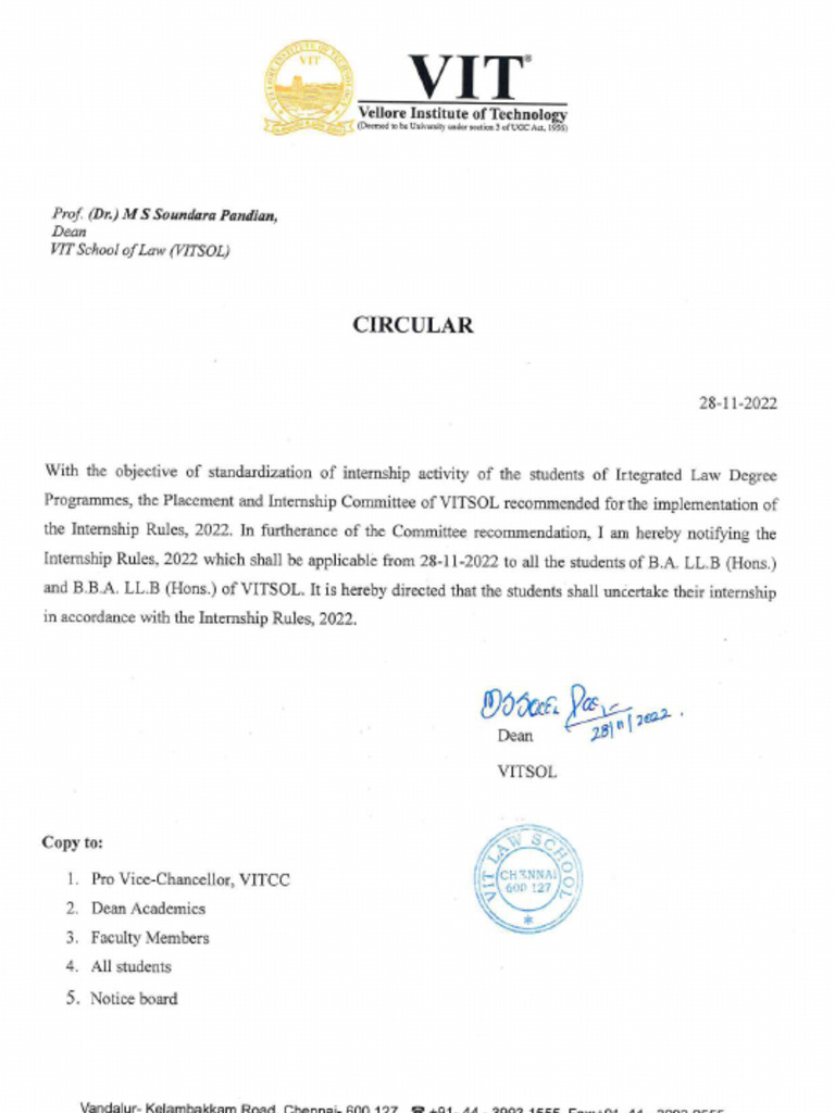 VIT Internship Rules, 2022 | PDF