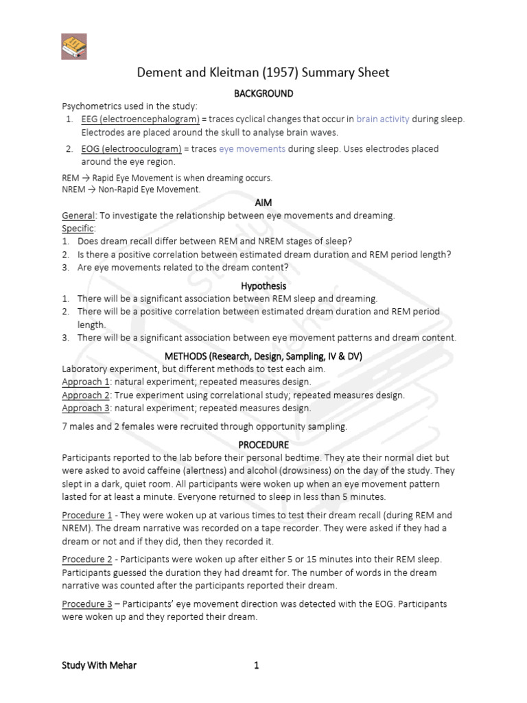 Dement & Kleitman (1957) Summary Sheet- | PDF Dement & Kleitman (1957) Summary Sheet- | PDF