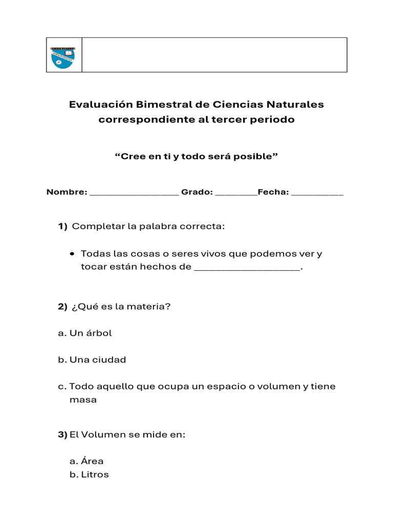 Bimestral 3er Periodo Ciencias Naturales | PDF