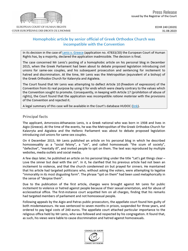 Decision Lenis v. Greece - Homophobic Article by Senior Official of ...