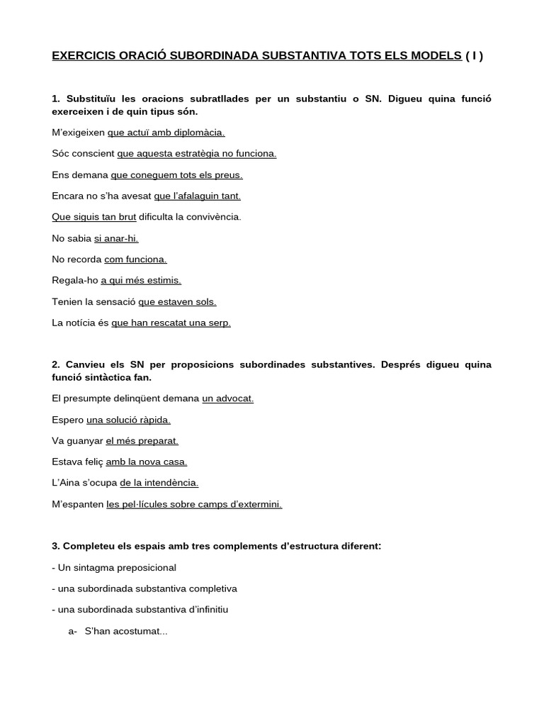 Exercicis Subordinada Substantiva Tots Els Models (I) | PDF