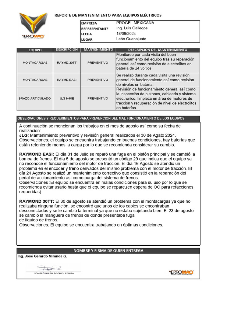 REPORTE DE MANTENIMIENTOS AGOSTO 2024 | PDF