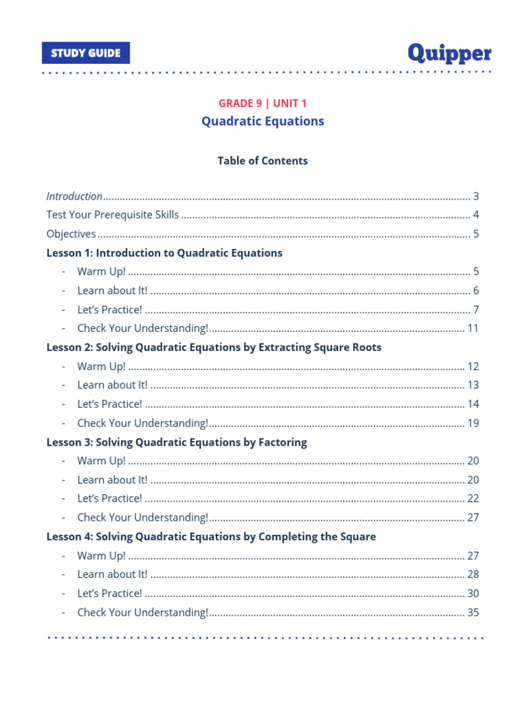 Solving.-M9 01 Q1: Quadratic Equations-01 | PDF