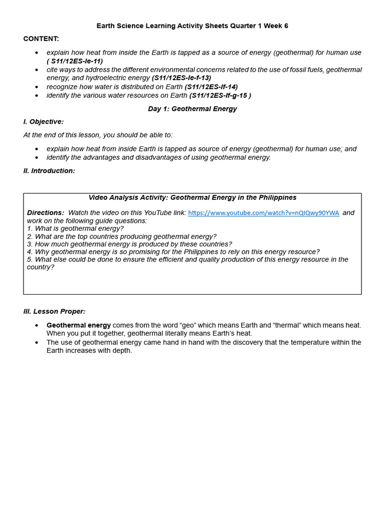 Earth Science Learning Activity Sheets Quarter 1 Week 6 | PDF