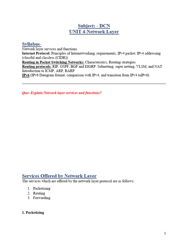 Dcn-Unit 4 - Network Layer Notes | PDF