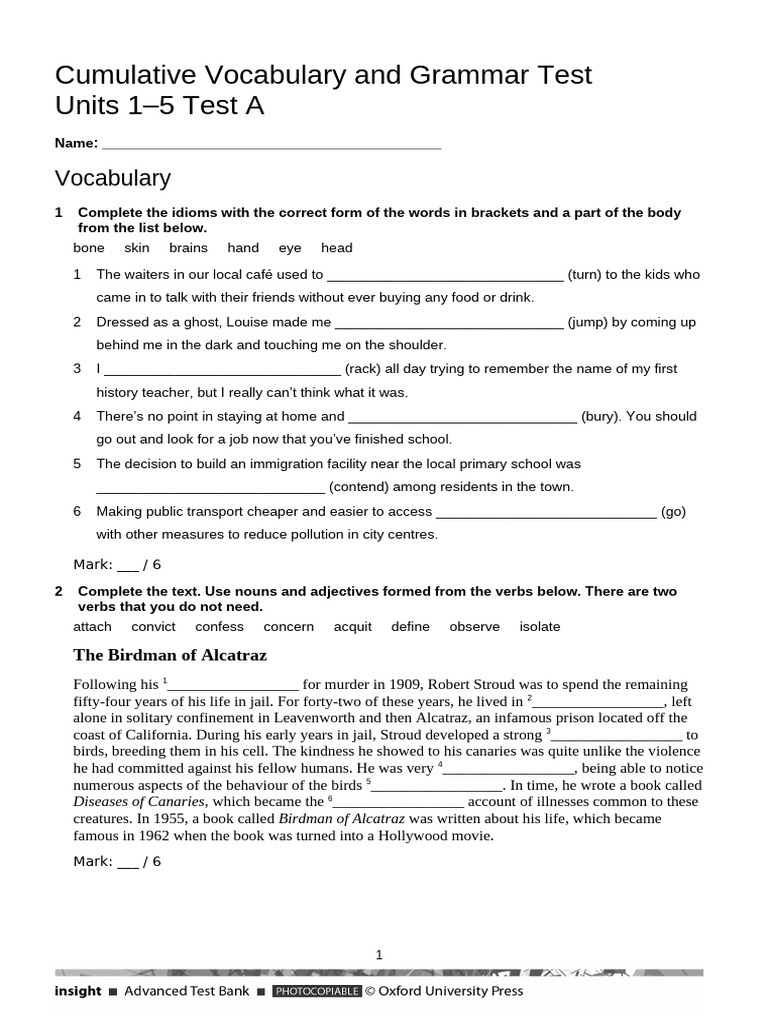 Cumulative Vocabulary & Grammar Test Units 1-5 Test A | PDF