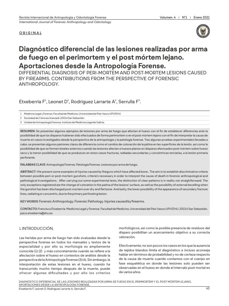 Diagnóstico Diferencial de Las Lesiones Producidas Por Arma de Fuego en El Perimortem y El ...