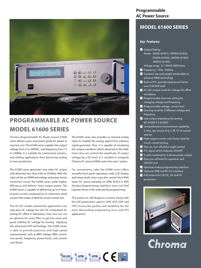 Datasheet_Chroma - Power Programmable AC Source modelo 61602 | PDF