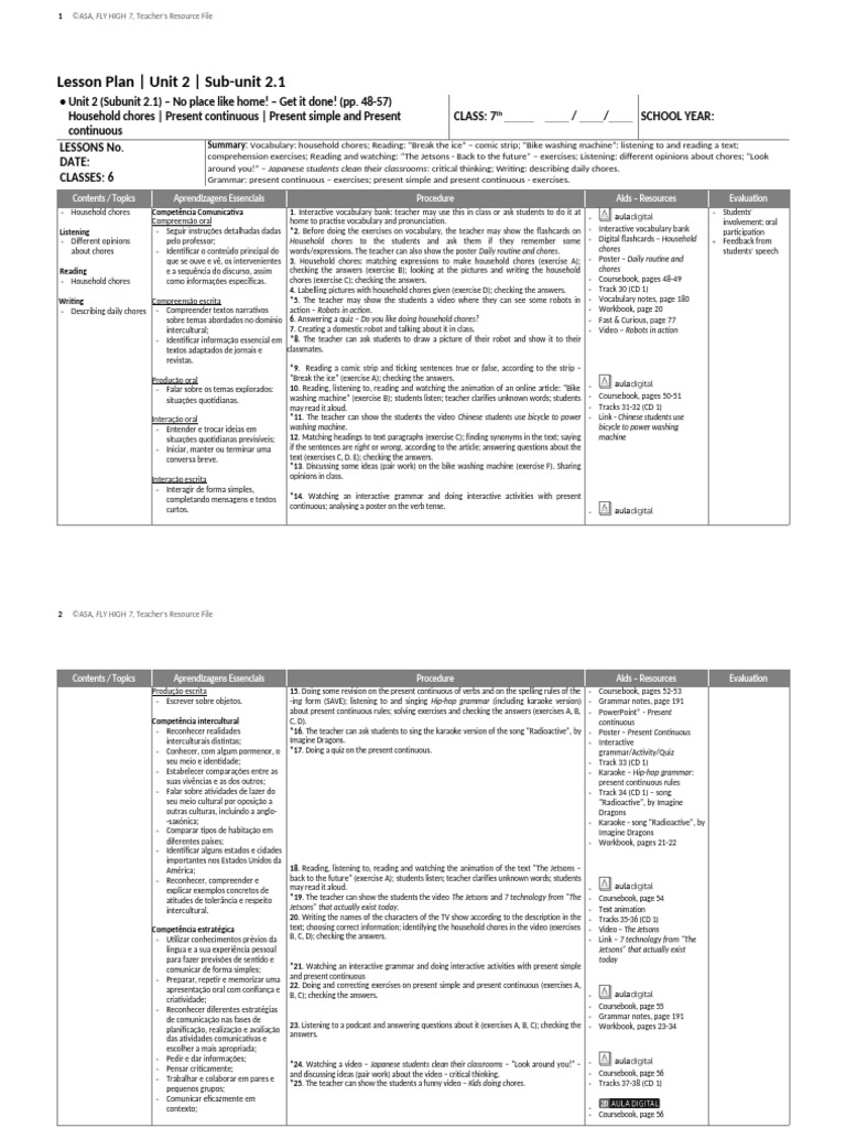 FlyHigh7 - Planning - Lesson Plans - Unit2 | PDF | English Language ...