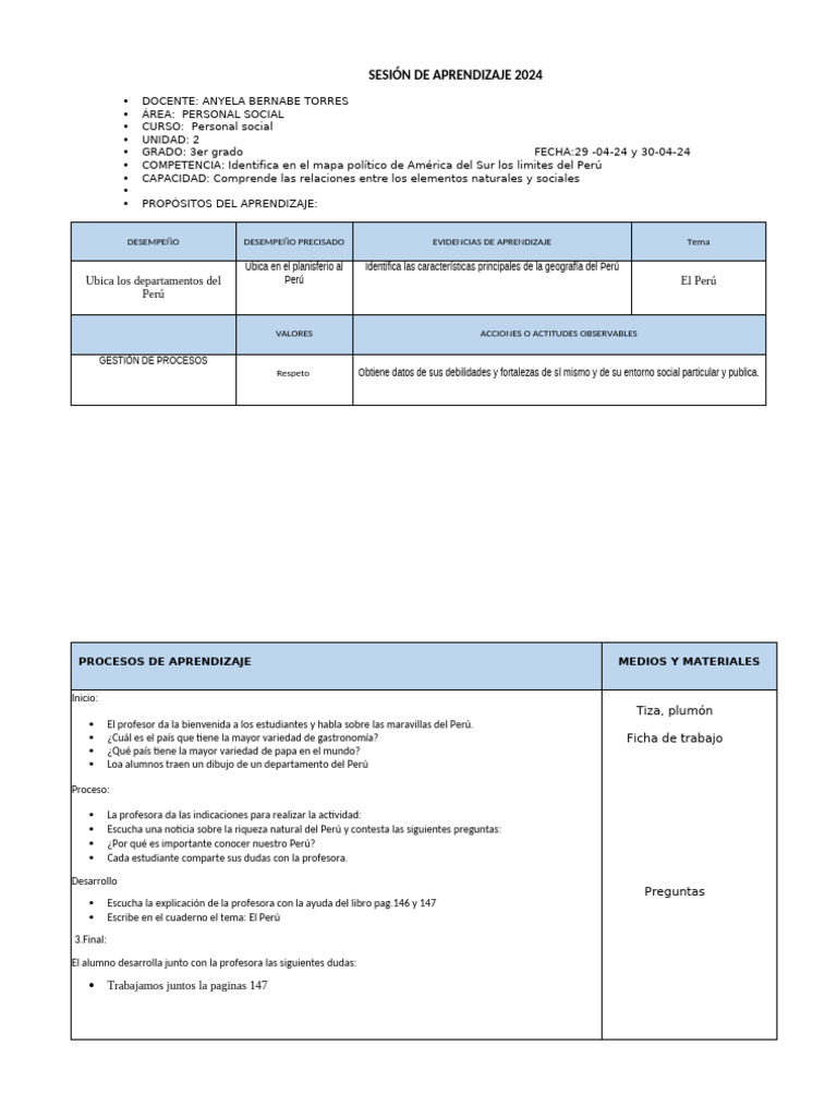 Sesión de Aprendizaje 2024-3ero Grado | PDF