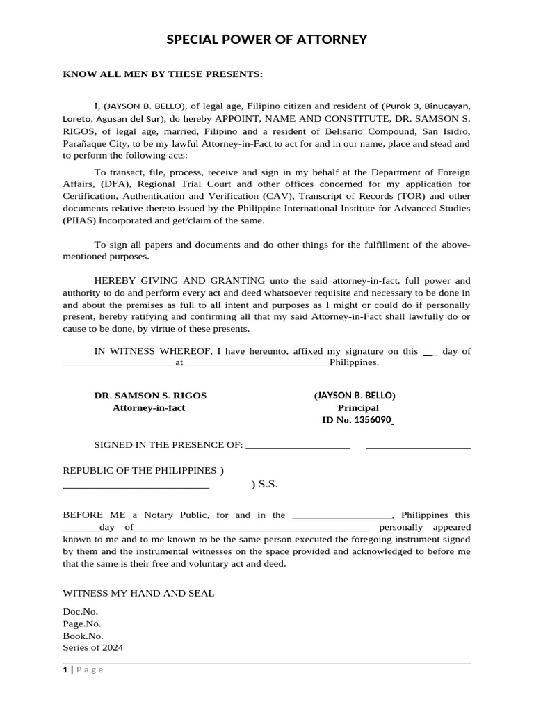 Special Power of Attorney: Jayson B. Bello Purok 3, Binucayan, Loreto, Agusan Del Sur | PDF