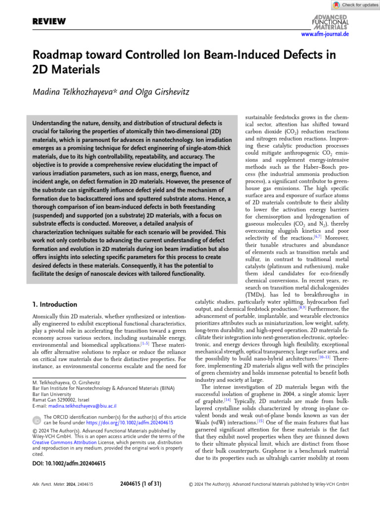 Adv Funct Materials - 2024 - Telkhozhayeva - Roadmap Toward Controlled Ion Beam‐Induced Defects ...