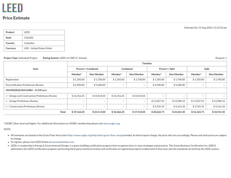 UNIVERSIDAD BUCAMBA LEED Pricing Tool - U.S. Green Building Council | PDF