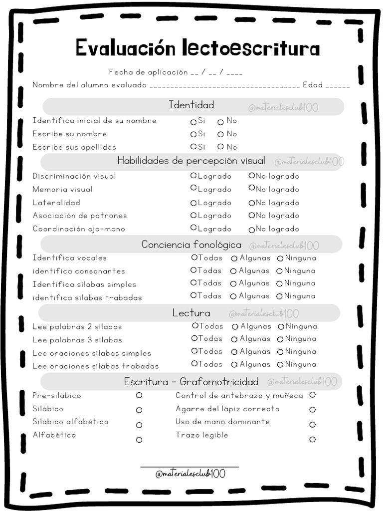 Evaluación Lectoescritura - Formato | PDF