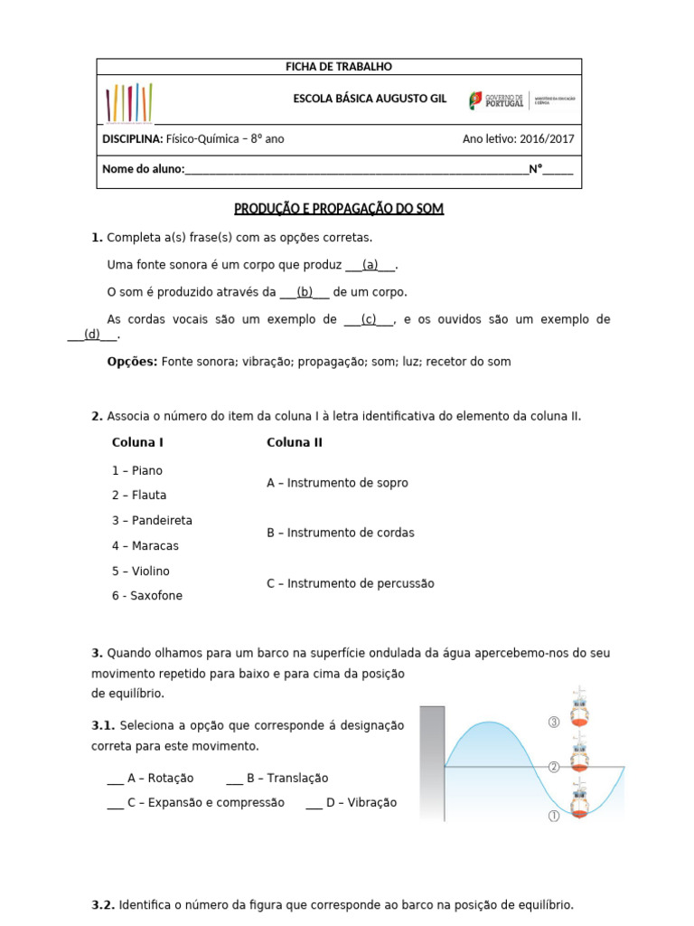 FICHA DE TRABALHO - Docx - Produção e Propagação Do Som | PDF