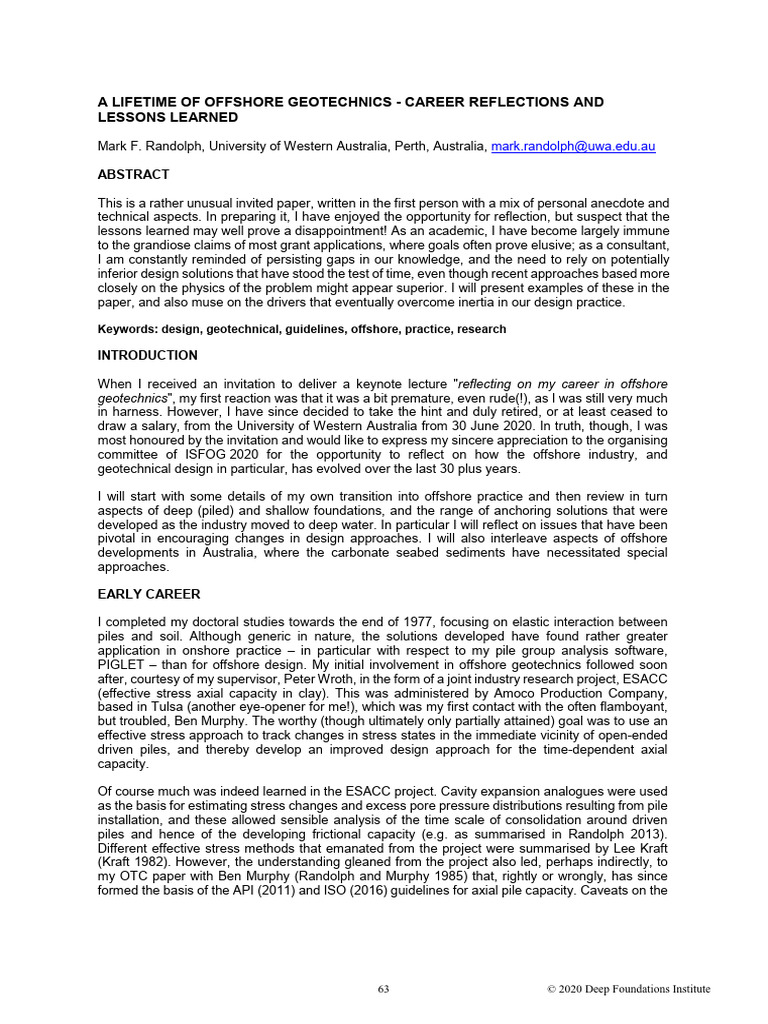A Lifetime of Offshore Geotechnics, Randolph, 2020 | PDF