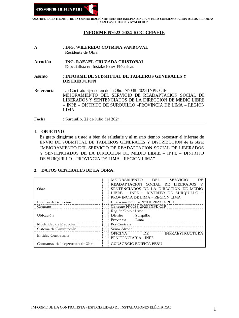 Informa N°022-2024-FICHAS TABLEROS GENERALES Y DISTRIBUCION | PDF