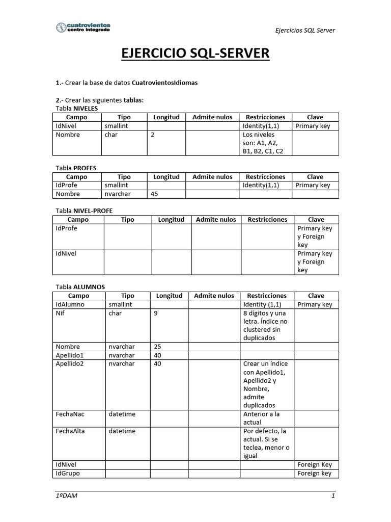 Ejercicio SQL-Server Cuatrovientos Idiomas | PDF