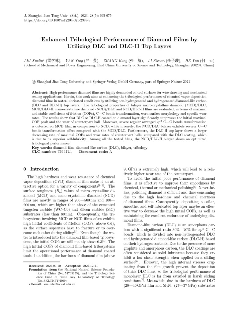 Enhanced Tribological Performance of Diamond Films by Utilizing DLC and DLC-H Top Layers | PDF