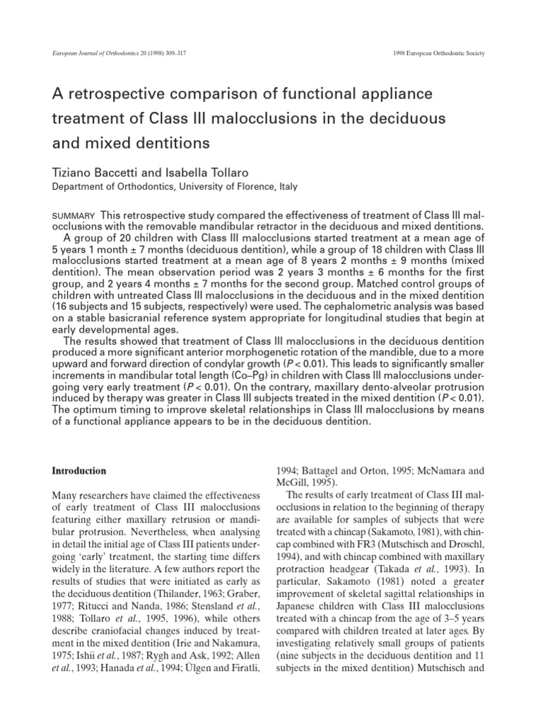 Baccetti T - Comparison of Functional Appliances Tto Class III in DT Vs DM | PDF