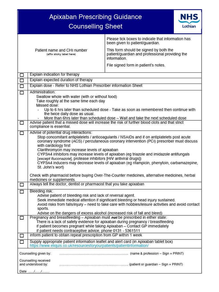 Apixaban Counselling Sheet | PDF | Bleeding | Drugs