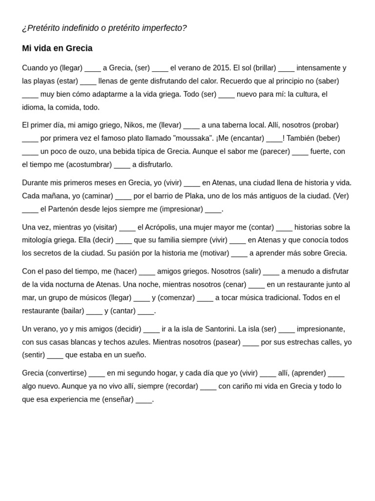 Mi Vida en Grecia - Pretérito Indefinido o Pretérito Imperfecto | PDF