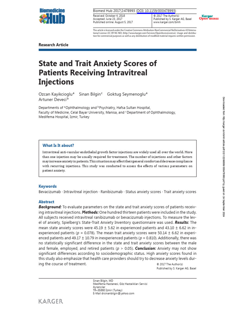 State and Trait Anxiety Scores of Patients Receiving Intravitreal ...