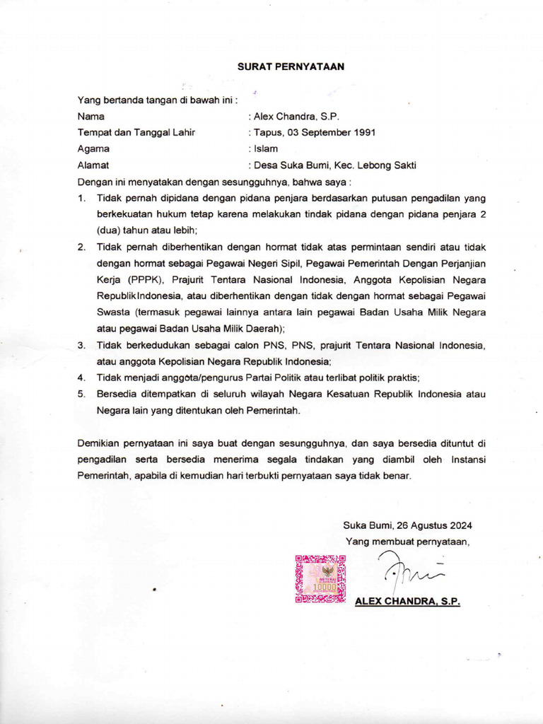 Surat Pernyataan Alex | PDF
