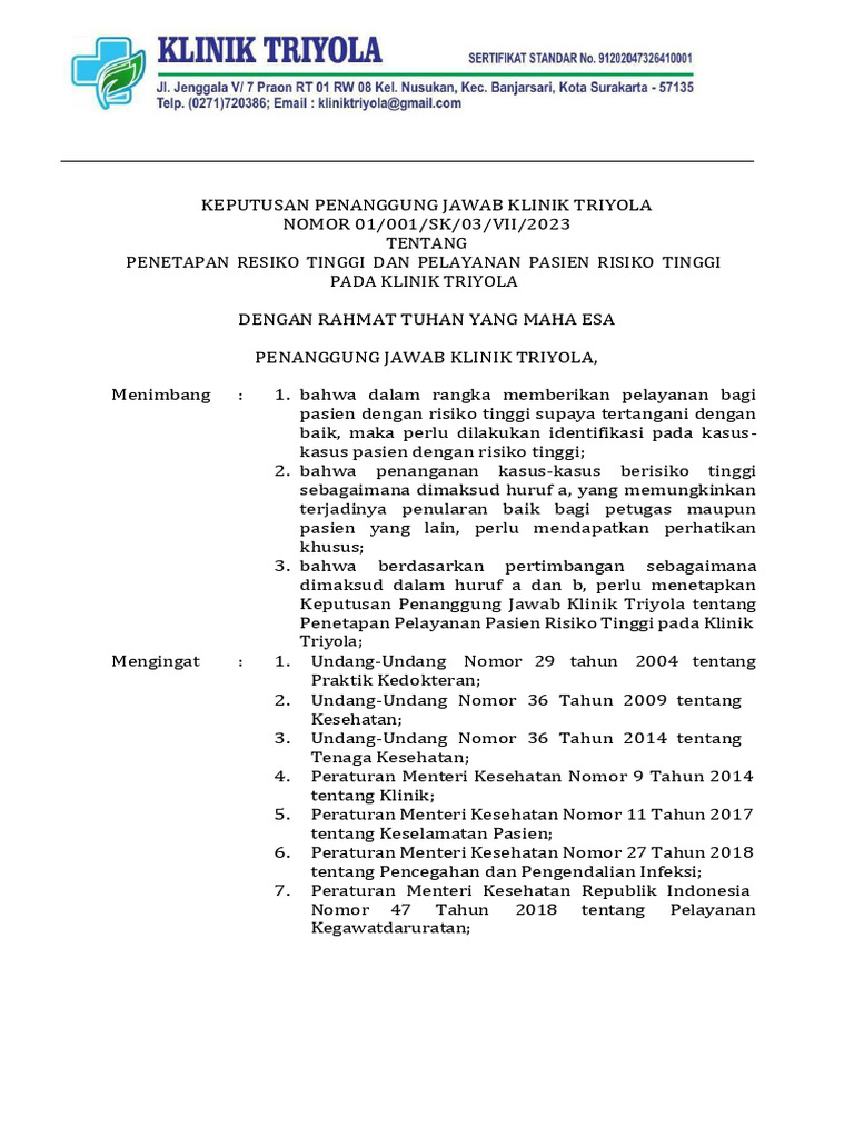 Sk Penetapan Resiko Tinggi Dan Pelayanan Pasien Risiko Tinggi Klinik