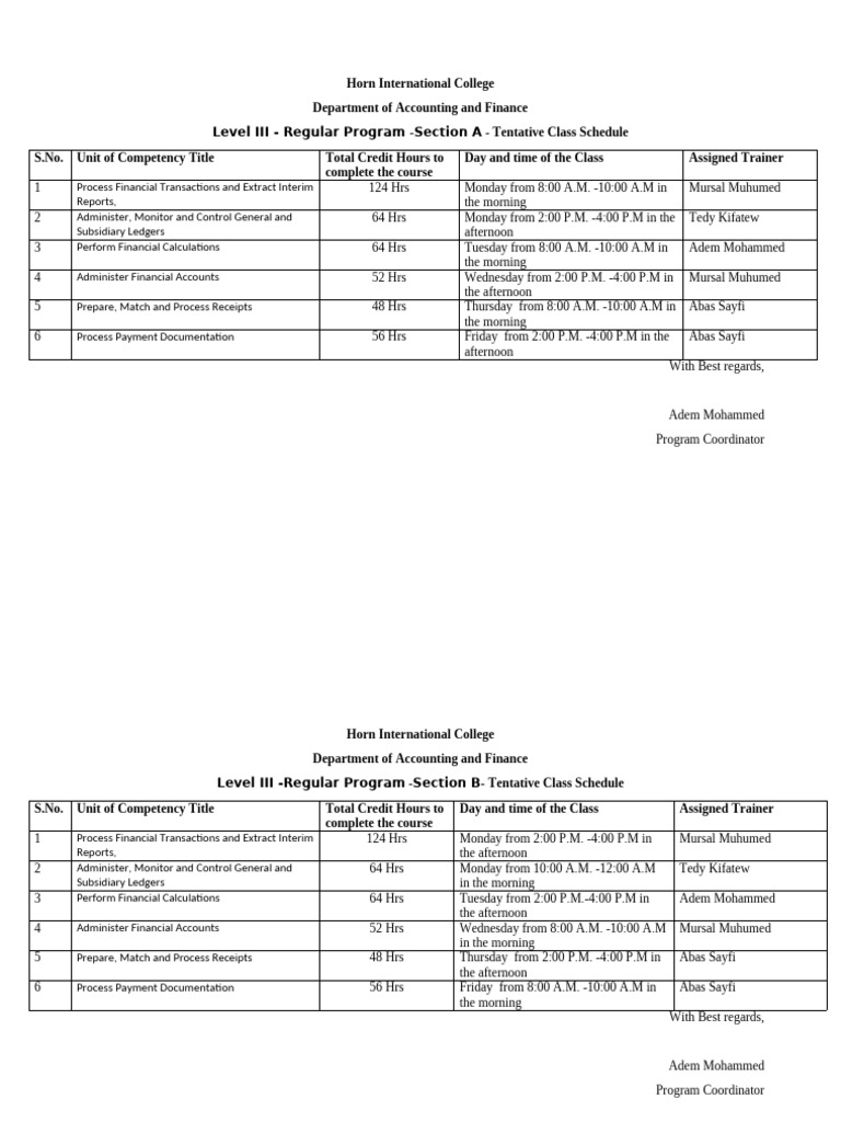 2016 Entry Level III Class Schedule | PDF
