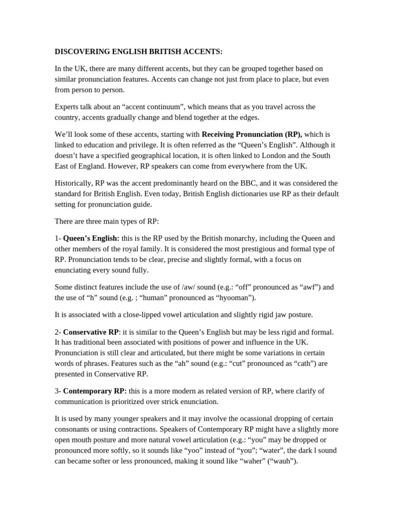 DISCOVERING ENGLISH BRITISH ACCENTS Oral Phonetics Final Test | PDF ...