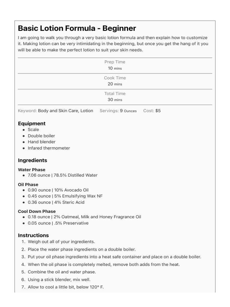 Basic Lotion Formula - Beginner - Summer Rain | PDF