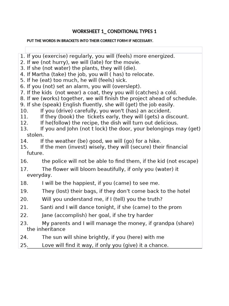 Worksheet 1 - Conditional Type 1 | PDF
