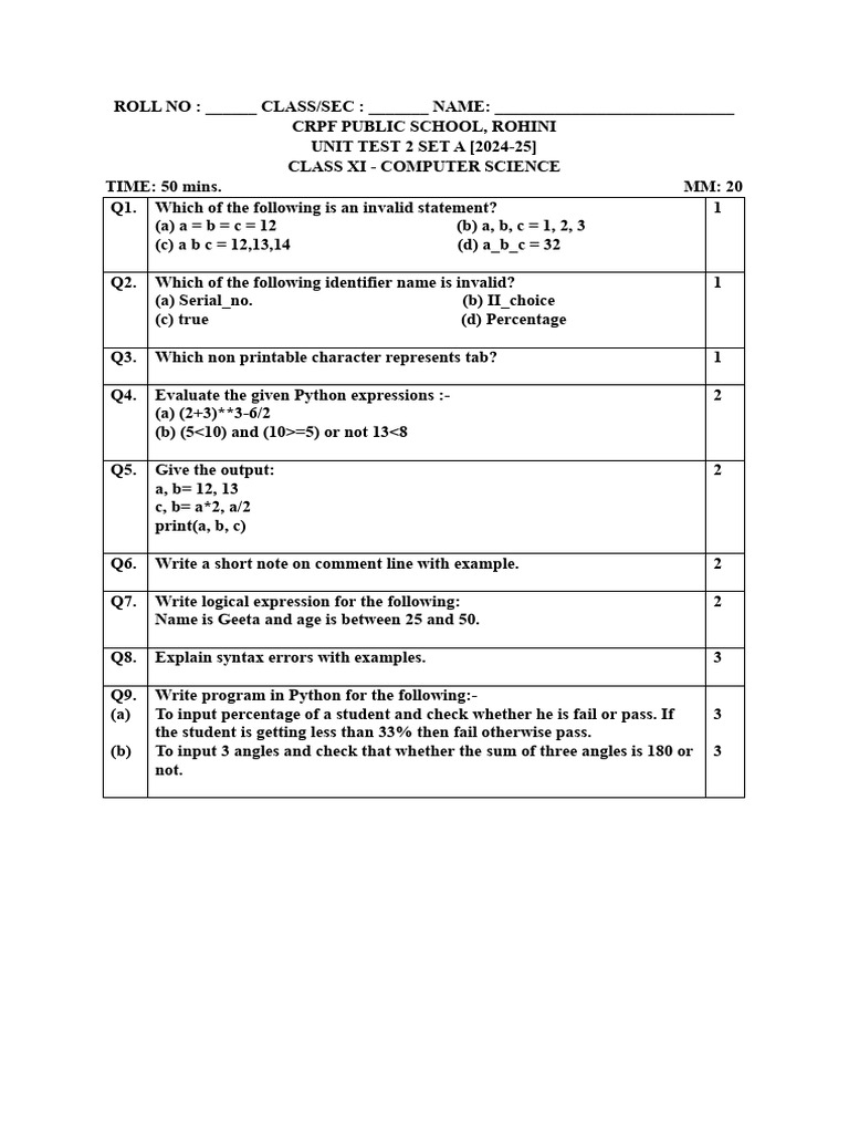 Class Xi CS Ut2 July 2024 - Set A | PDF