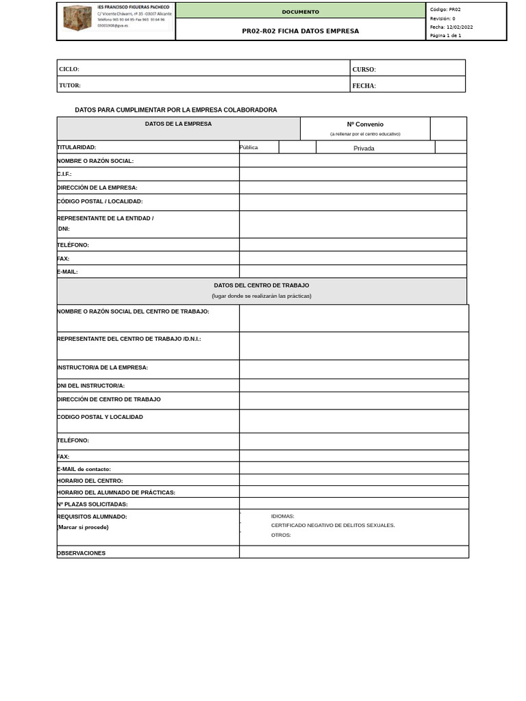 PR02-R02 Ficha Datos Empresas Rev00 | PDF