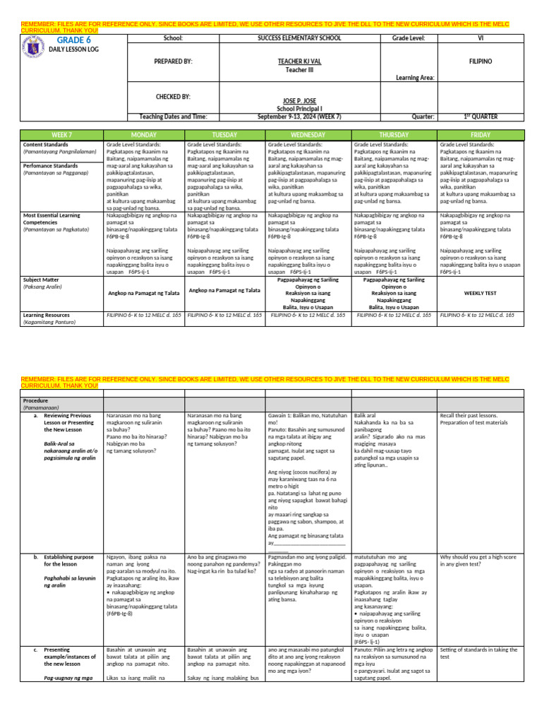 DLL - FILIPINO 6 WEEK 7 - Q1 by Teacher KJ VAL2024FILES | PDF