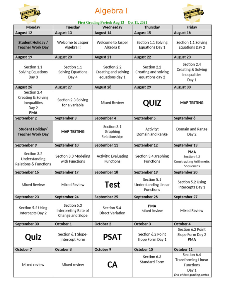Alg 1 1st 9wks Calendar 2024-2025 | PDF