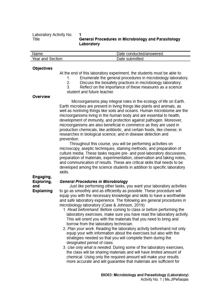 BIO03 Laboratory Activity 1 (General Procedures and Safety) | PDF ...