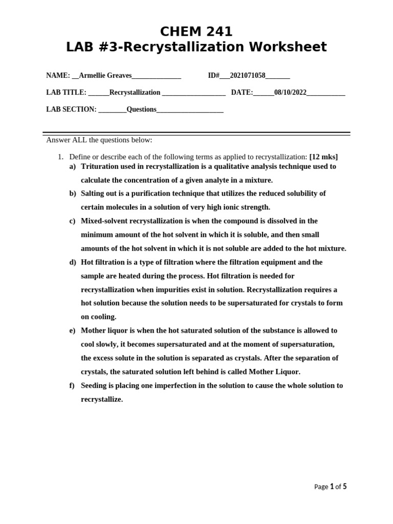 Lab 3 Recrystallization worksheet (4) (AutoRecovered) | PDF