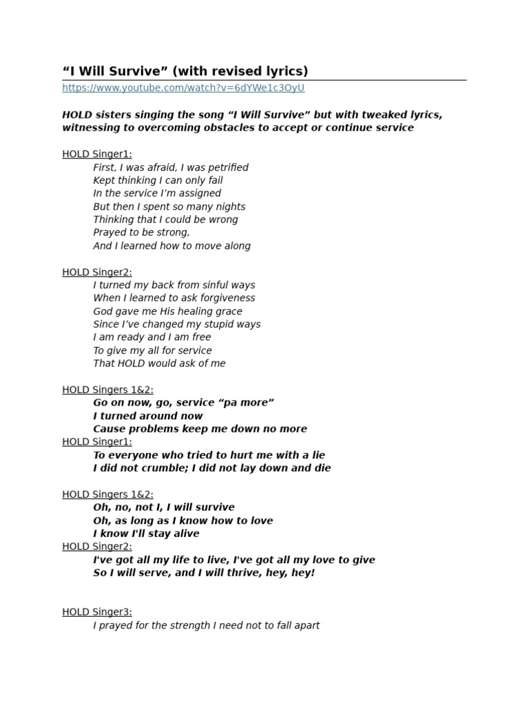 S2 - I Will Survive (With Revised Lyrics) | PDF