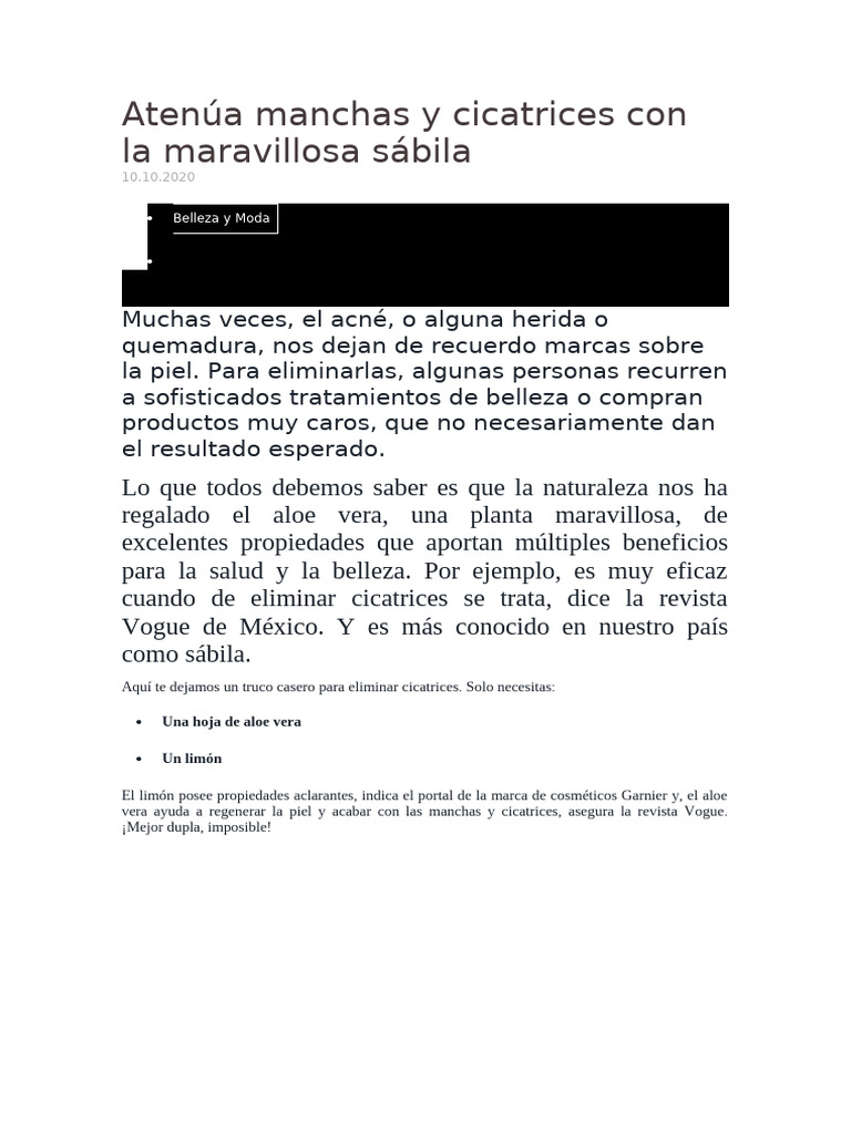 Atenúa Manchas y Cicatrices Con La Maravillosa Sábila | PDF