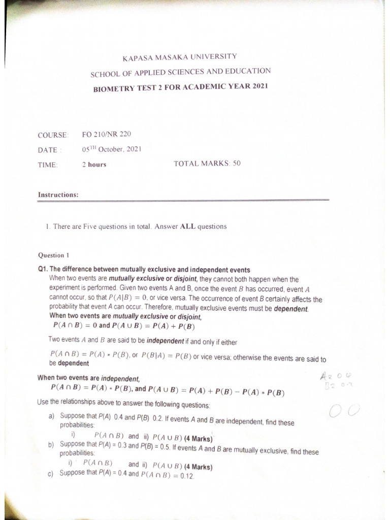 Biometry 2021 Test 2 | PDF