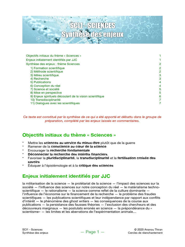 SCI1 Sciences Synthese - Enjeux | PDF