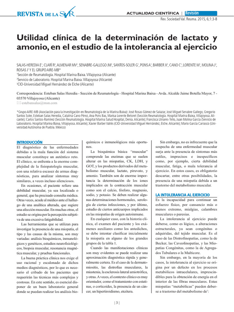 Utilidad Clínica de La Determinación de Lactato y Amonio, en El Estudio de La Intolerancia Al ...