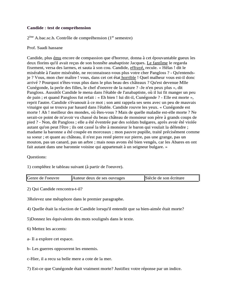 Candide Test de Compréhension | PDF