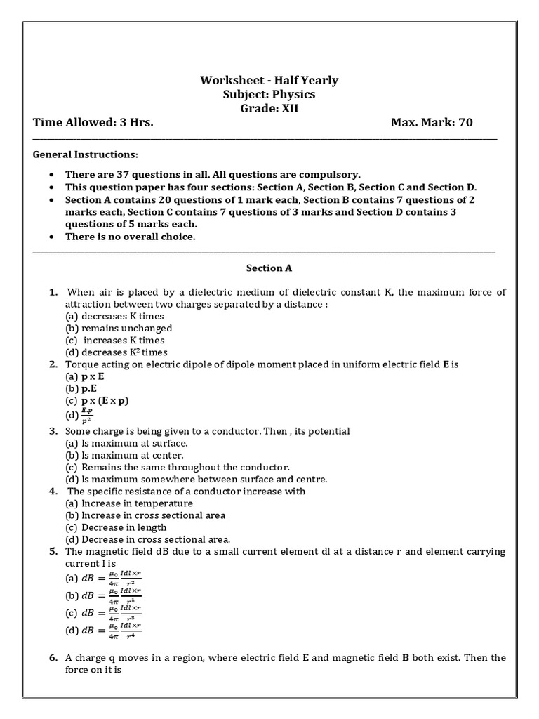 Worksheet Half Yearly Grade XII Physics | PDF