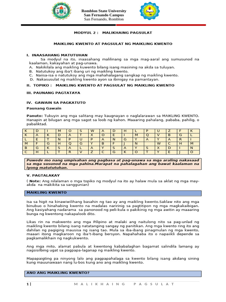 Modyul 2 - Pagsulat NG Maikling Kwento (Krishia at Marivic) | PDF
